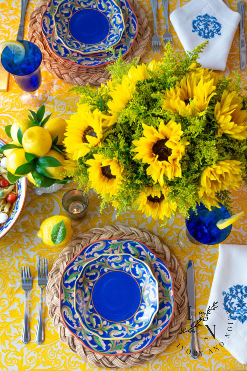 Summer Party Table Setting with Sunflowers: A Tuscan Vibe
